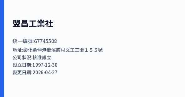 盟昌工業社的照片-統編 67745508(彰化縣) 公司登記資料與營業項目詳細圖表