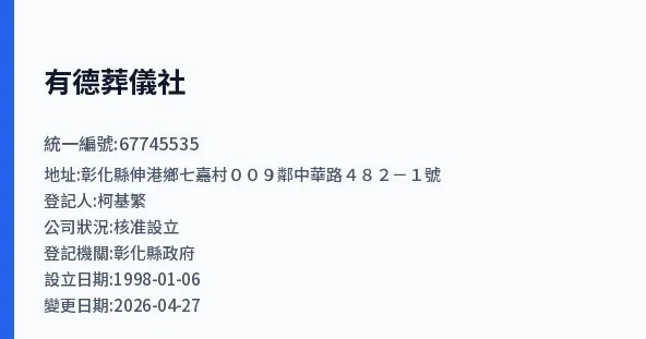 有德葬儀社的照片-統編 67745535(彰化縣) 公司登記資料與營業項目詳細圖表