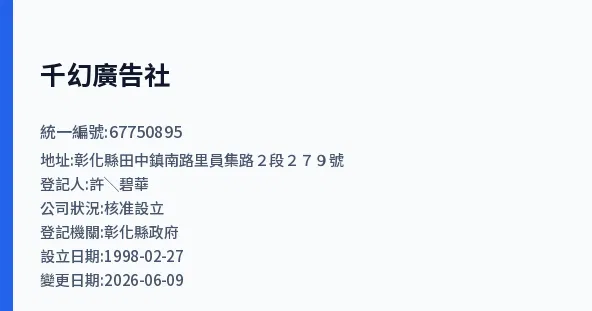 千幻廣告社的照片-統編 67750895(彰化縣) 公司登記資料與營業項目詳細圖表