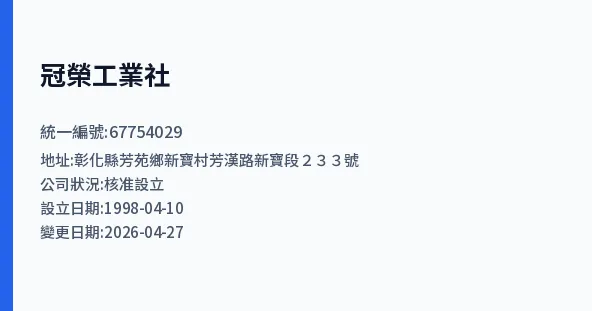 冠榮工業社的照片-統編 67754029(彰化縣) 公司登記資料與營業項目詳細圖表