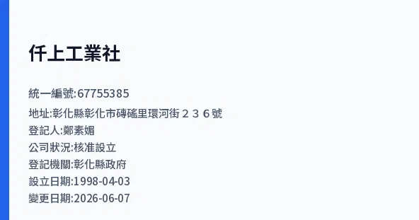 仟上工業社的照片-統編 67755385(彰化縣) 公司登記資料與營業項目詳細圖表