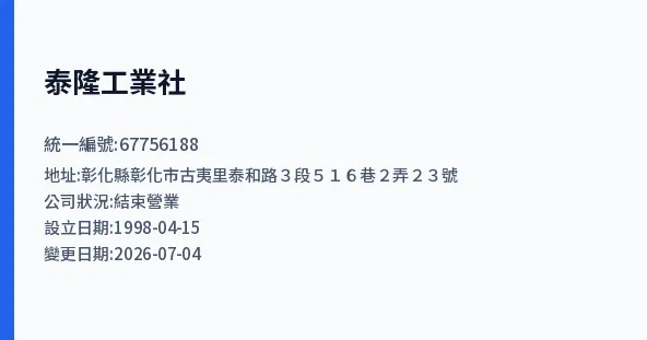 泰隆工業社的照片-統編 67756188(彰化縣) 公司登記資料與營業項目詳細圖表