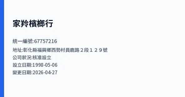 家羚檳榔行的照片-統編 67757216(彰化縣) 公司登記資料與營業項目詳細圖表