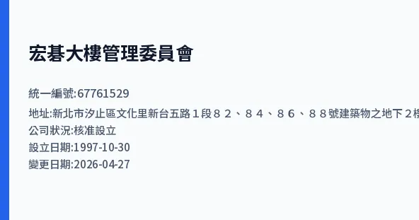 宏碁大樓管理委員會的照片-統編 67761529(新北市) 公司登記資料與營業項目詳細圖表