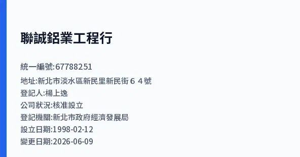 聯誠鋁業工程行的照片-統編 67788251(新北市) 公司登記資料與營業項目詳細圖表