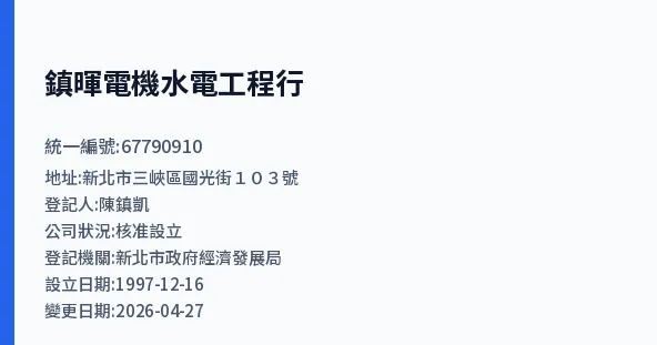 鎮暉電機水電工程行的照片-統編 67790910(新北市) 公司登記資料與營業項目詳細圖表