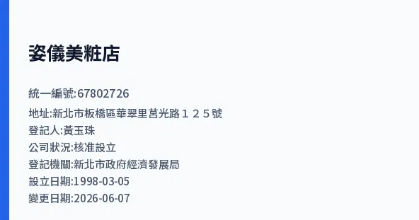 姿儀美粧店的照片-統編 67802726(新北市) 公司登記資料與營業項目詳細圖表