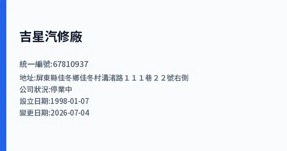 吉星汽修廠的照片-統編 67810937(屏東縣) 公司登記資料與營業項目詳細圖表