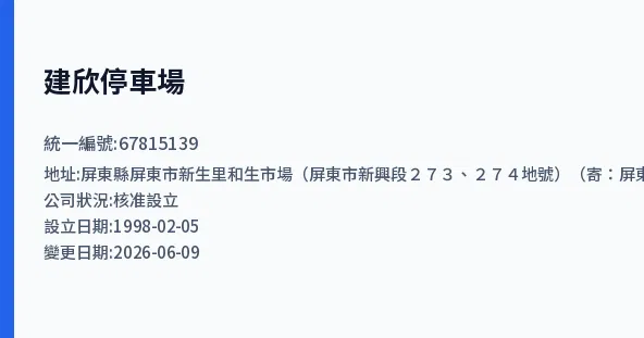 建欣停車場的照片-統編 67815139(屏東縣) 公司登記資料與營業項目詳細圖表