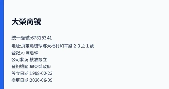 大榮商號的照片-統編 67815341(屏東縣) 公司登記資料與營業項目詳細圖表