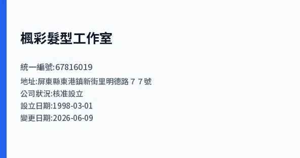 楓彩髮型工作室的照片-統編 67816019(屏東縣) 公司登記資料與營業項目詳細圖表