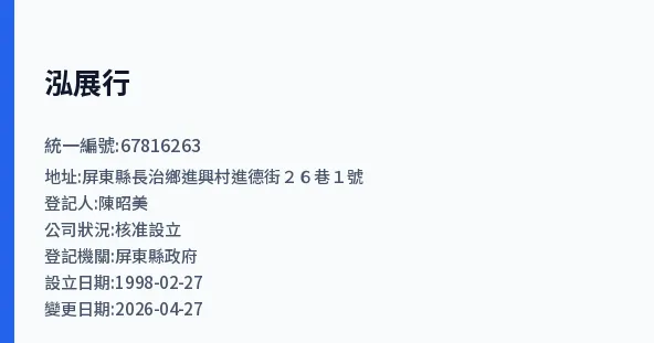 泓展行的照片-統編 67816263(屏東縣) 公司登記資料與營業項目詳細圖表