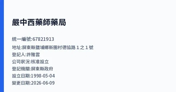 嚴中西藥師藥局的照片-統編 67821913(屏東縣) 公司登記資料與營業項目詳細圖表
