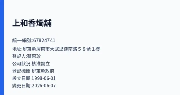 上和香燭舖的照片-統編 67824741(屏東縣) 公司登記資料與營業項目詳細圖表