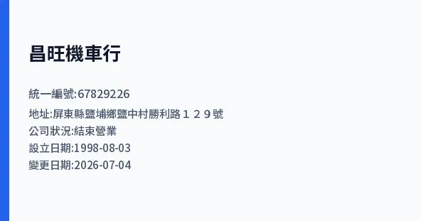 昌旺機車行的照片-統編 67829226(屏東縣) 公司登記資料與營業項目詳細圖表