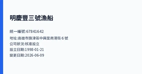明慶豐三號漁船的照片-統編 67841642(高雄市) 公司登記資料與營業項目詳細圖表