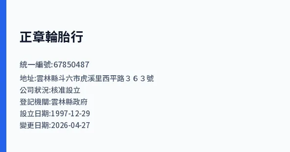 正章輪胎行的照片-統編 67850487(雲林縣) 公司登記資料與營業項目詳細圖表