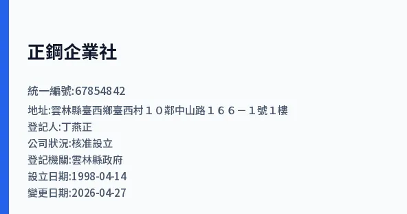 正鋼企業社的照片-統編 67854842(雲林縣) 公司登記資料與營業項目詳細圖表