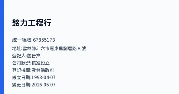 銘力工程行的照片-統編 67855173(雲林縣) 公司登記資料與營業項目詳細圖表