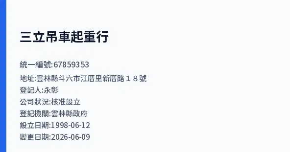 三立吊車起重行的照片-統編 67859353(雲林縣) 公司登記資料與營業項目詳細圖表