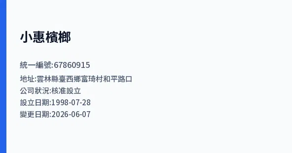 小惠檳榔的照片-統編 67860915(雲林縣) 公司登記資料與營業項目詳細圖表