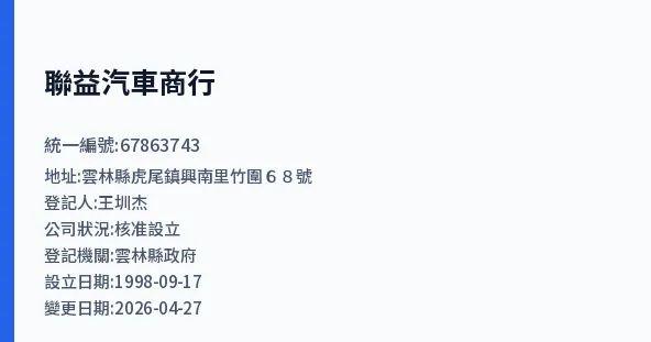 聯益汽車商行的照片-統編 67863743(雲林縣) 公司登記資料與營業項目詳細圖表