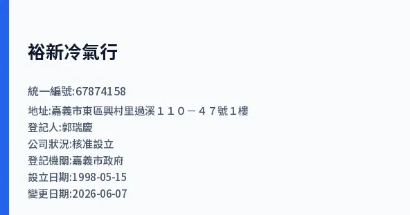 裕新冷氣行的照片-統編 67874158(嘉義市) 公司登記資料與營業項目詳細圖表