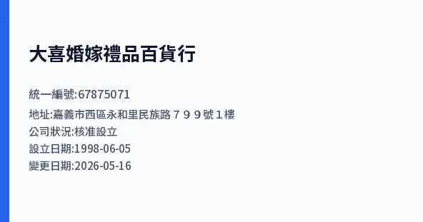 大喜婚嫁禮品百貨行的照片-統編 67875071(嘉義市) 公司登記資料與營業項目詳細圖表