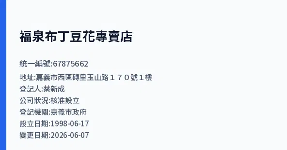 福泉布丁豆花專賣店的照片-統編 67875662(嘉義市) 公司登記資料與營業項目詳細圖表