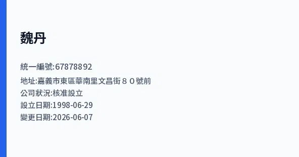 魏丹的照片-統編 67878892(嘉義市) 公司登記資料與營業項目詳細圖表