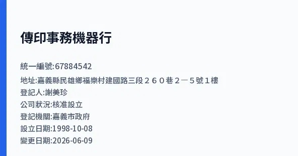 傳印事務機器行的照片-統編 67884542(嘉義縣) 公司登記資料與營業項目詳細圖表