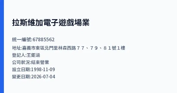 拉斯維加電子遊戲場業的照片-統編 67885562(嘉義市) 公司登記資料與營業項目詳細圖表
