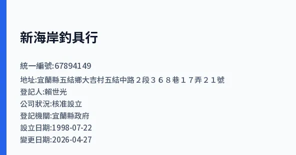 新海岸釣具行的照片-統編 67894149(宜蘭縣) 公司登記資料與營業項目詳細圖表
