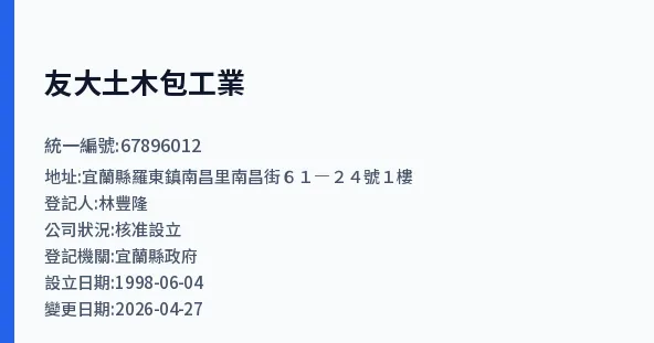 友大土木包工業的照片-統編 67896012(宜蘭縣) 公司登記資料與營業項目詳細圖表
