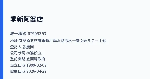 季新阿婆店的照片-統編 67909353(宜蘭縣) 公司登記資料與營業項目詳細圖表