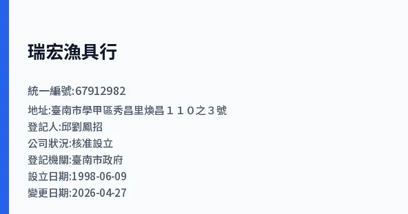 瑞宏漁具行的照片-統編 67912982(臺南市) 公司登記資料與營業項目詳細圖表