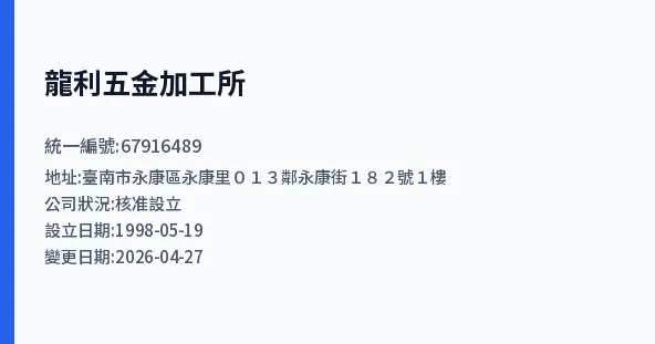 龍利五金加工所的照片-統編 67916489(臺南市) 公司登記資料與營業項目詳細圖表