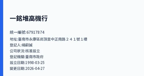 一銘堆高機行的照片-統編 67917874(臺南市) 公司登記資料與營業項目詳細圖表