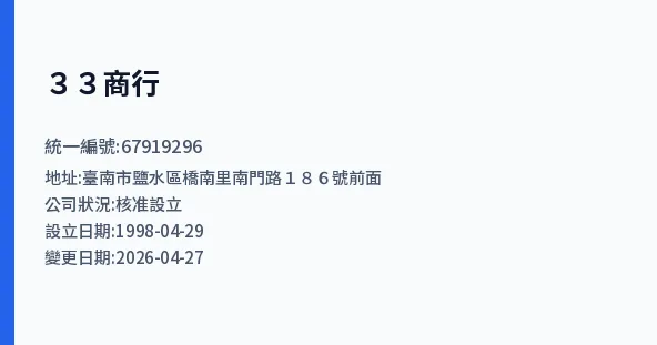 33商行的照片-統編 67919296(臺南市) 公司登記資料與營業項目詳細圖表