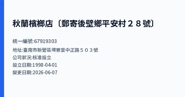 秋蘭檳榔店〔郵寄後壁鄉平安村28號〕的照片-統編 67919303(臺南市) 公司登記資料與營業項目詳細圖表