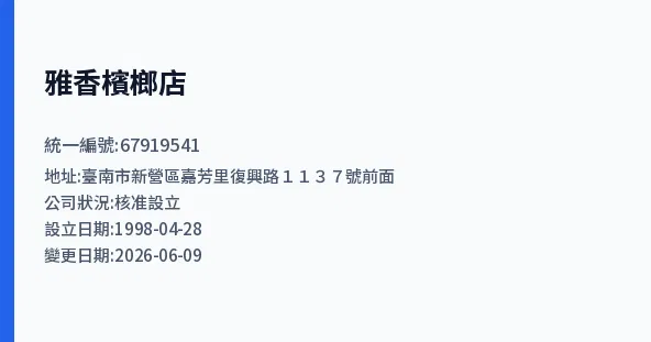雅香檳榔店的照片-統編 67919541(臺南市) 公司登記資料與營業項目詳細圖表