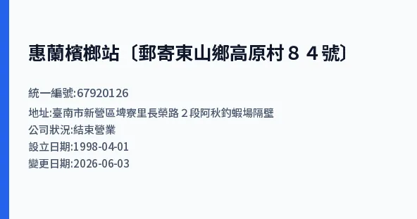 惠蘭檳榔站〔郵寄東山鄉高原村84號〕的照片-統編 67920126(臺南市) 公司登記資料與營業項目詳細圖表