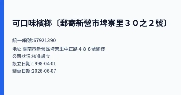 可口味檳榔〔郵寄新營市埤寮里30之2號〕的照片-統編 67921390(臺南市) 公司登記資料與營業項目詳細圖表