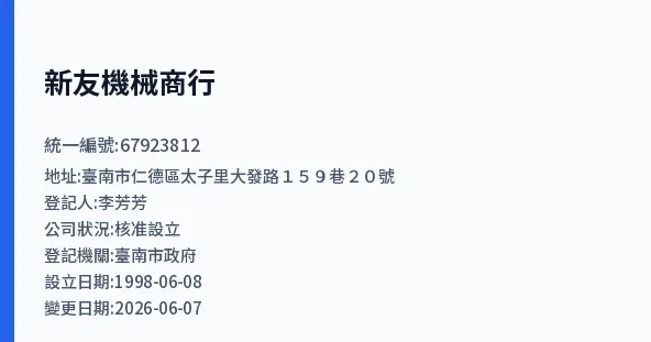 新友機械商行的照片-統編 67923812(臺南市) 公司登記資料與營業項目詳細圖表