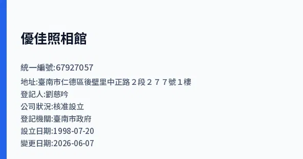 優佳照相館的照片-統編 67927057(臺南市) 公司登記資料與營業項目詳細圖表