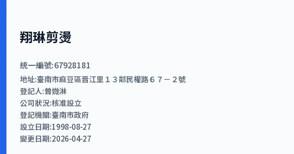 翔琳剪燙的照片-統編 67928181(臺南市) 公司登記資料與營業項目詳細圖表
