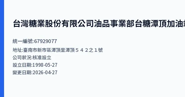 台灣糖業股份有限公司油品事業部台糖潭頂加油站的照片-統編 67929077(臺南市) 公司登記資料與營業項目詳細圖表