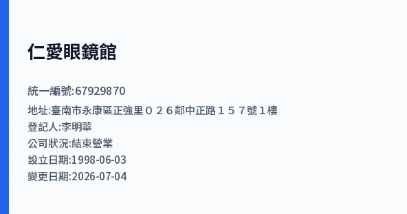 仁愛眼鏡館的照片-統編 67929870(臺南市) 公司登記資料與營業項目詳細圖表