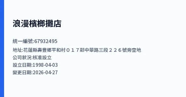 浪漫檳榔攤店的照片-統編 67932495(花蓮縣) 公司登記資料與營業項目詳細圖表