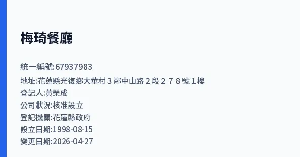 梅琦餐廳的照片-統編 67937983(花蓮縣) 公司登記資料與營業項目詳細圖表